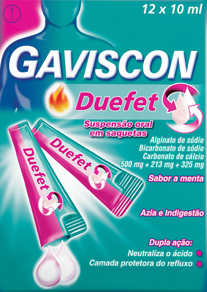 Gaviscon Duefet, 500/213/325 mg x 12 susp oral saq | Farmácia Mirafoz